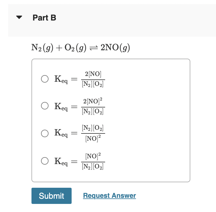 Solved Part A 2CO(g)+O2(g)⇌2CO2(g) Keq=[CO2]2[CO]2[O2] | Chegg.com