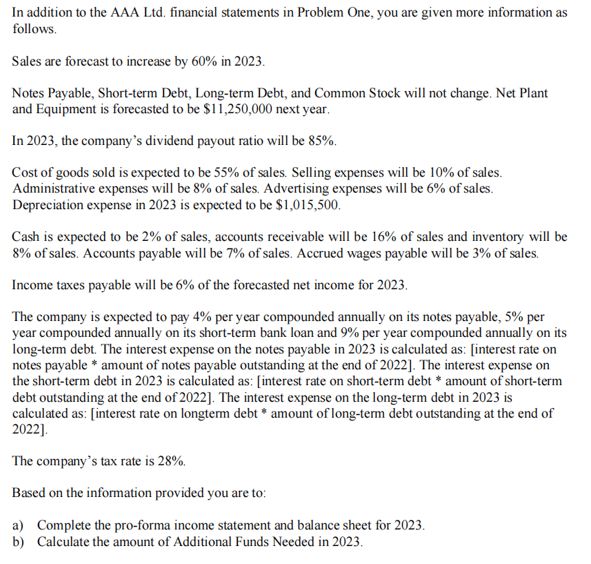 Solved In addition to the AAA Ltd. financial statements in | Chegg.com