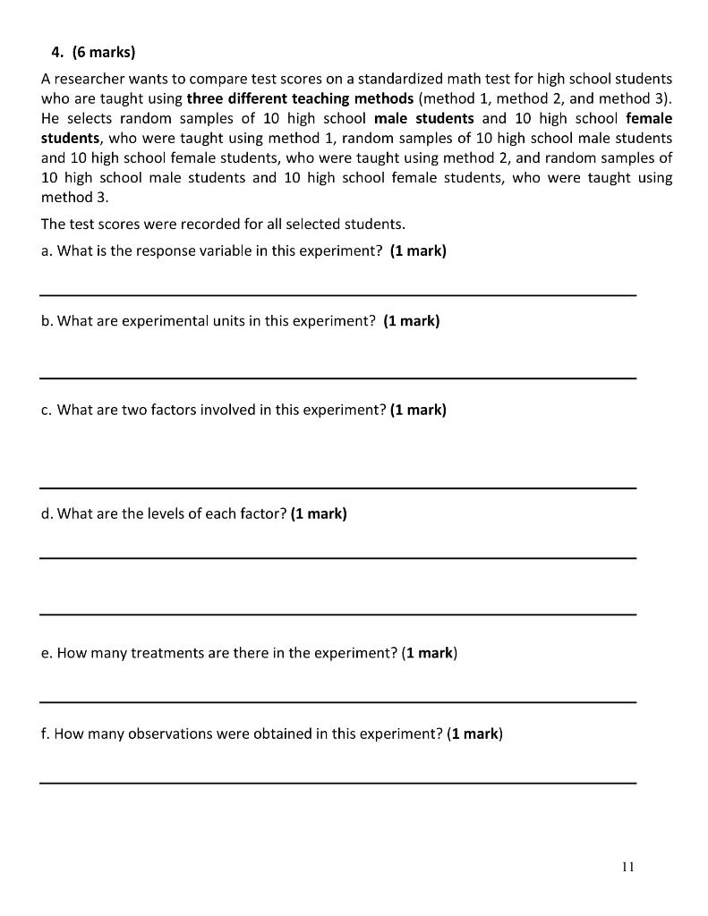 Solved 4. (6 marks) A researcher wants to compare test | Chegg.com