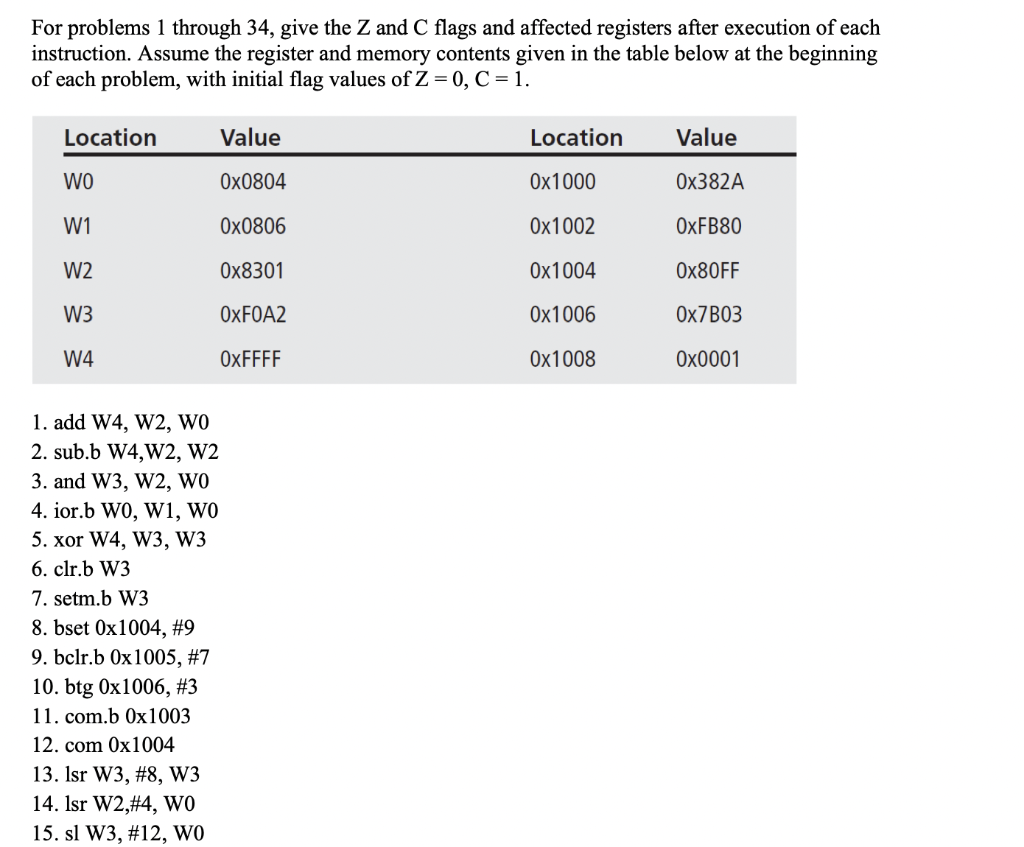 Solved For problems 1 through 34, give the Z and C flags and | Chegg.com
