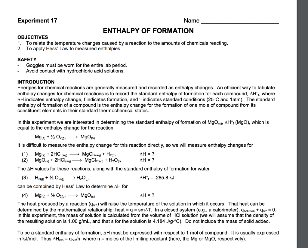 Solved Experiment 17 Name ENTHALPY OF FORMATION OBJECTIVES | Chegg.com