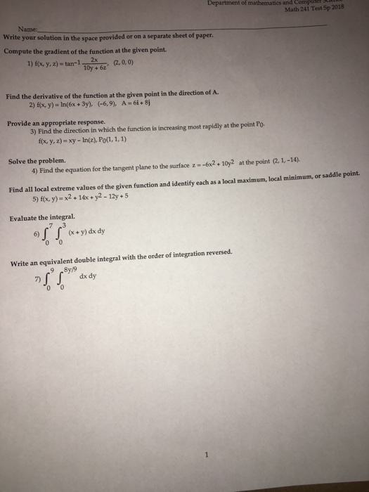 Solved Department of mathematics and Math 241 Test Sp 2018 | Chegg.com
