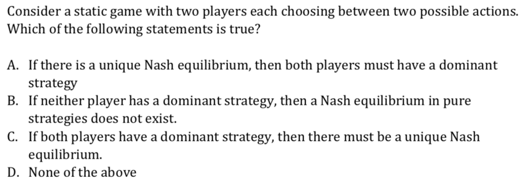Solved Consider a static game with two players each choosing | Chegg.com