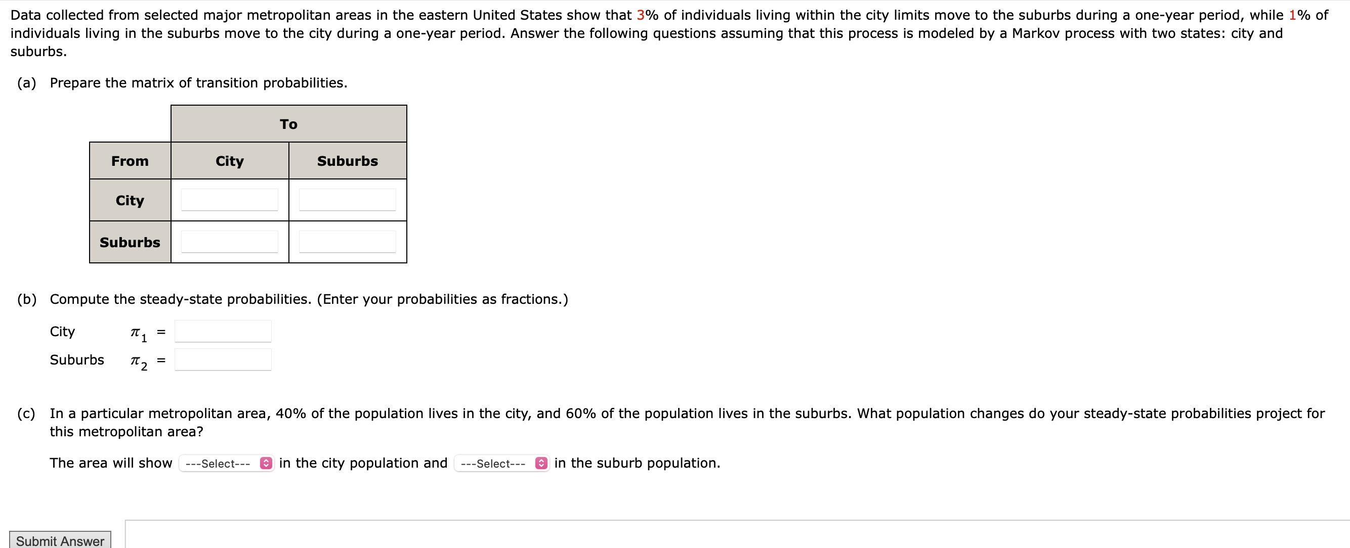 Solved suburbs.(a) ﻿Prepare the matrix of transition | Chegg.com