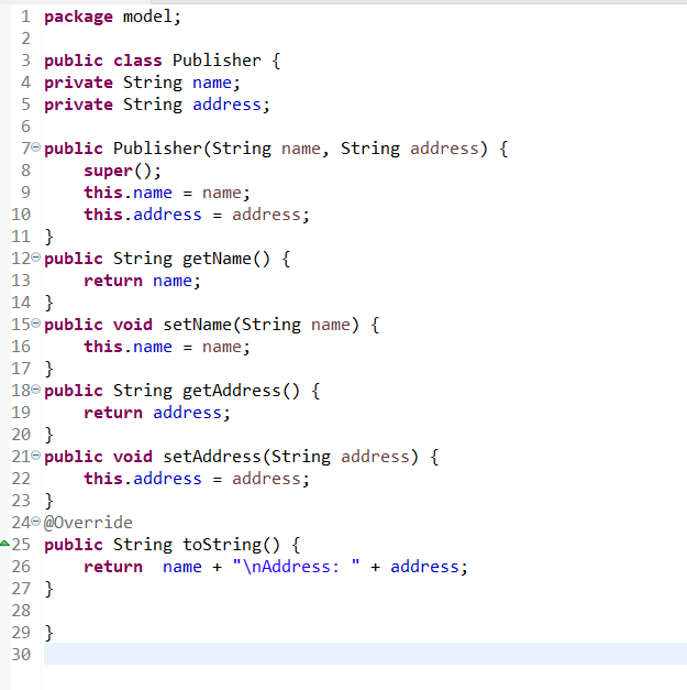 Solved 1 package model; 2 3 public class Publisher { 4 | Chegg.com
