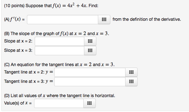 Solved (10 points) Suppose that f(x) = 4x2 + 4x. Find: | Chegg.com