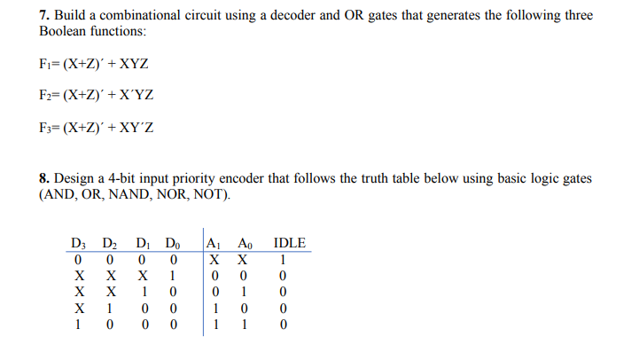 Solved 7. Build a combinational circuit using a decoder and | Chegg.com