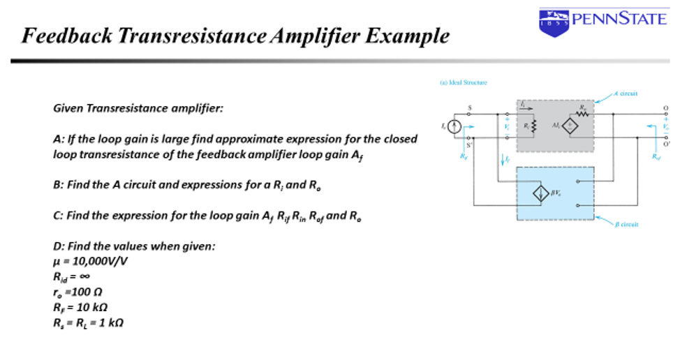 Solved PENNSTATE Feedback Transresistance Amplifier Example | Chegg.com