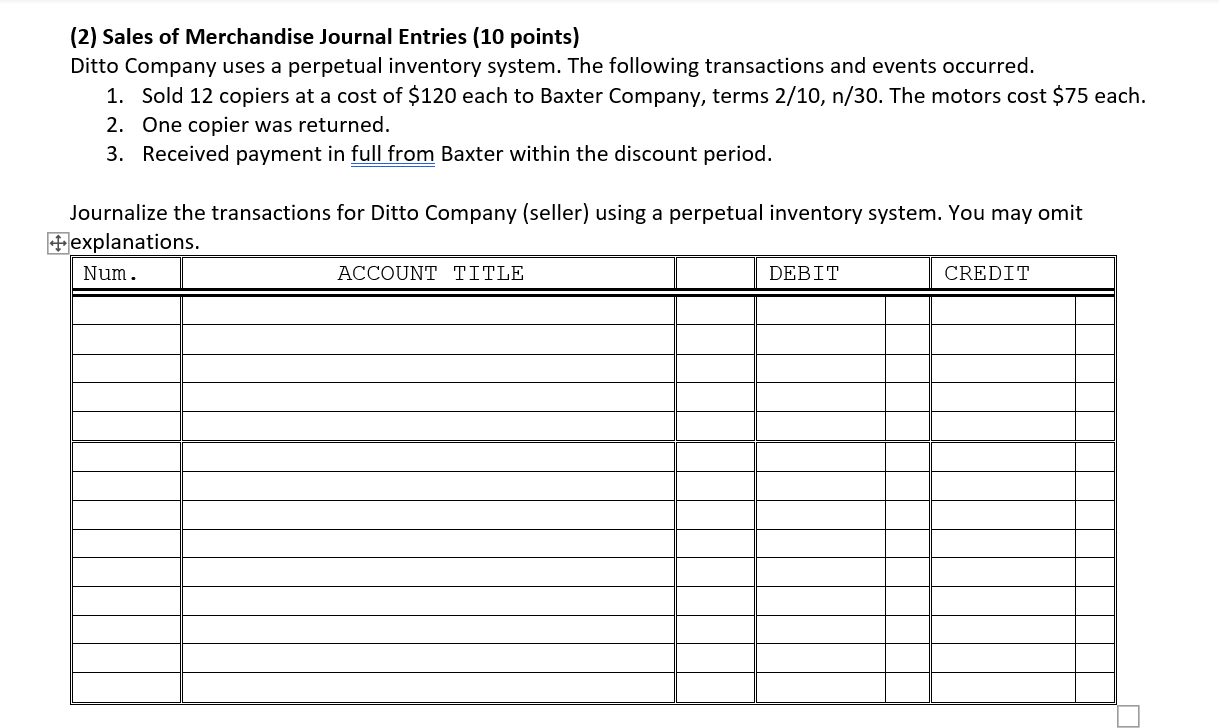 Solved (2) Sales of Merchandise Journal Entries (10 points) | Chegg.com
