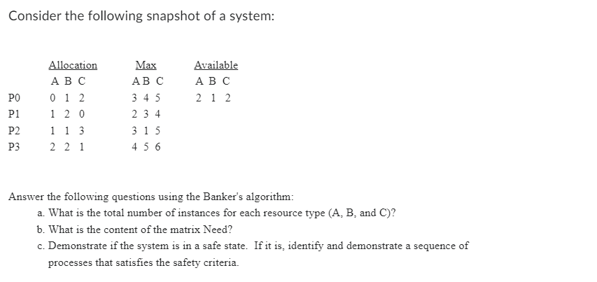 Solved Consider the following snapshot of a system: Answer | Chegg.com