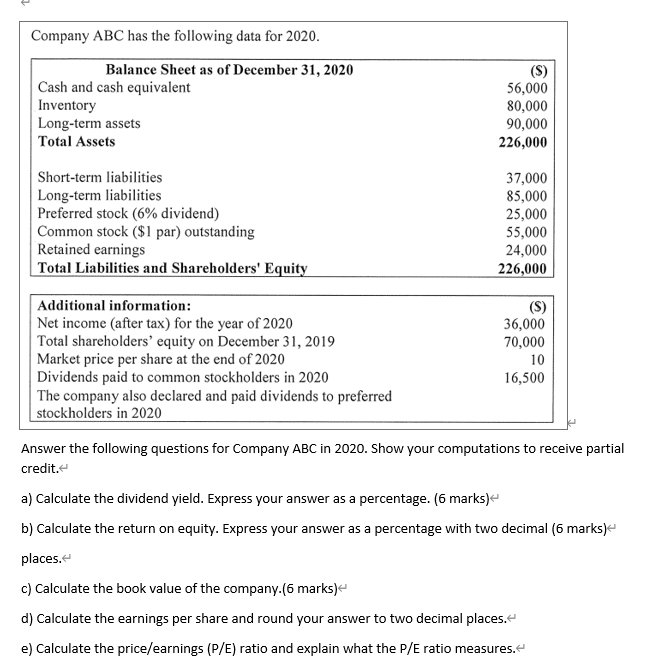 Solved Answer the following questions for Company ABC in | Chegg.com