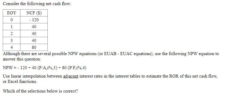 Solved Consider the following net cash flow: EOY NCF ($) 0 - | Chegg.com