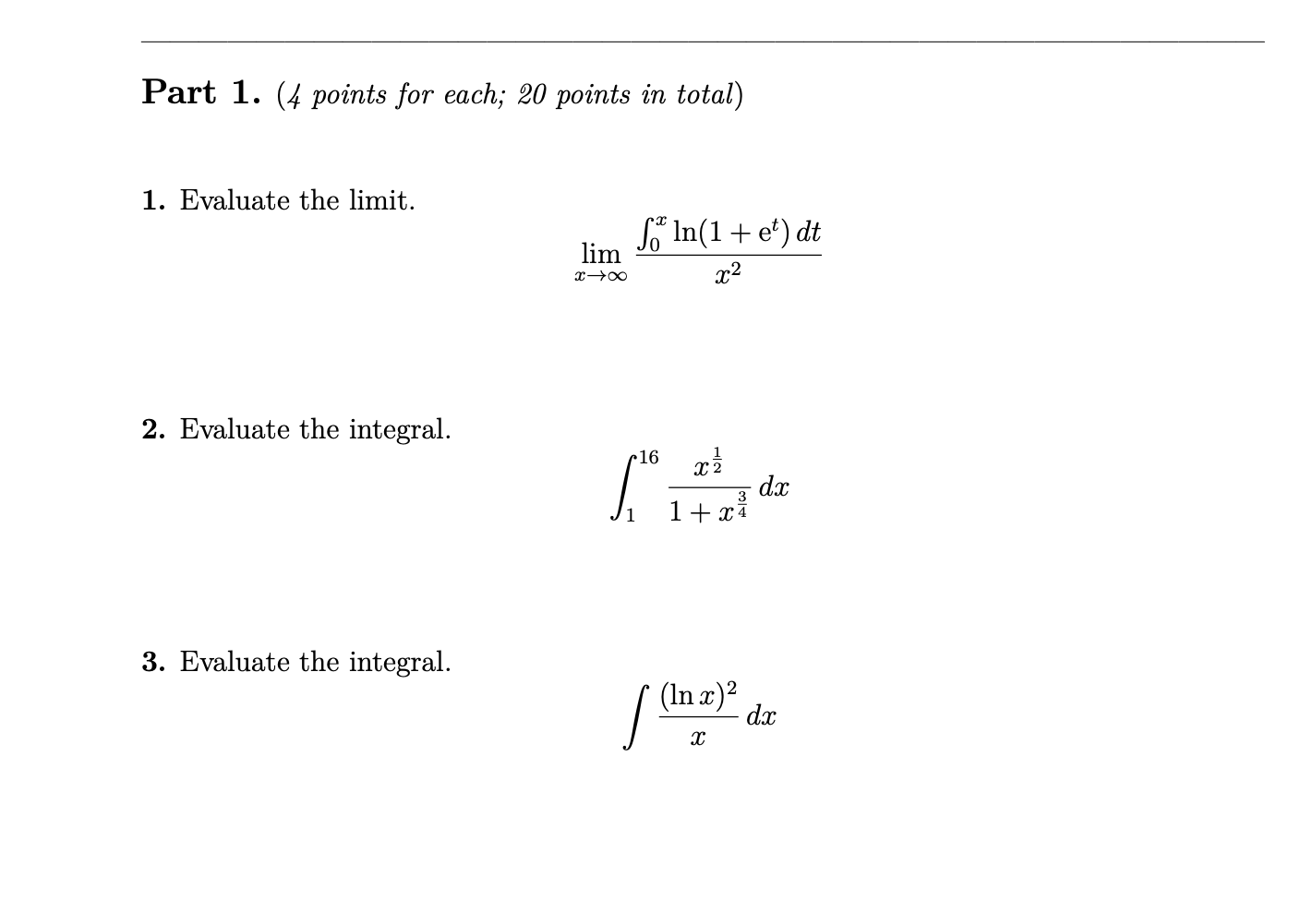 Solved Part 1. (4 points for each; 20 points in total) 1. | Chegg.com