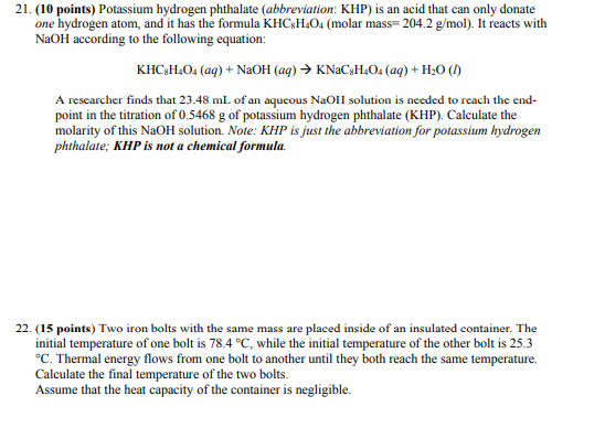 Solved 21. (10 points) Potassium hydrogen phthalate | Chegg.com