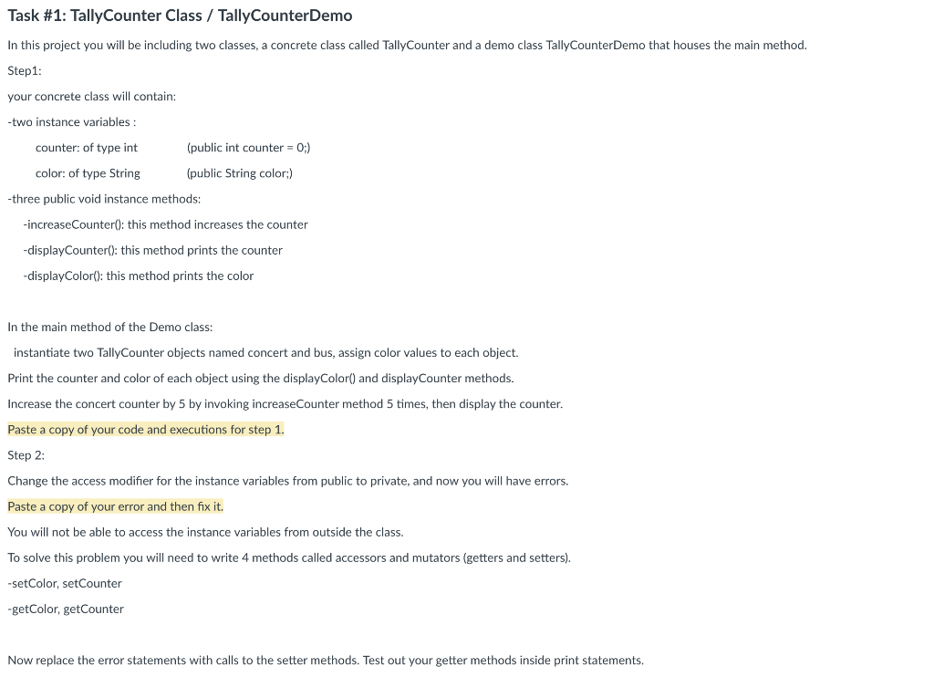 Solved Task \#1: TallyCounter Class / TallyCounterDemo In | Chegg.com