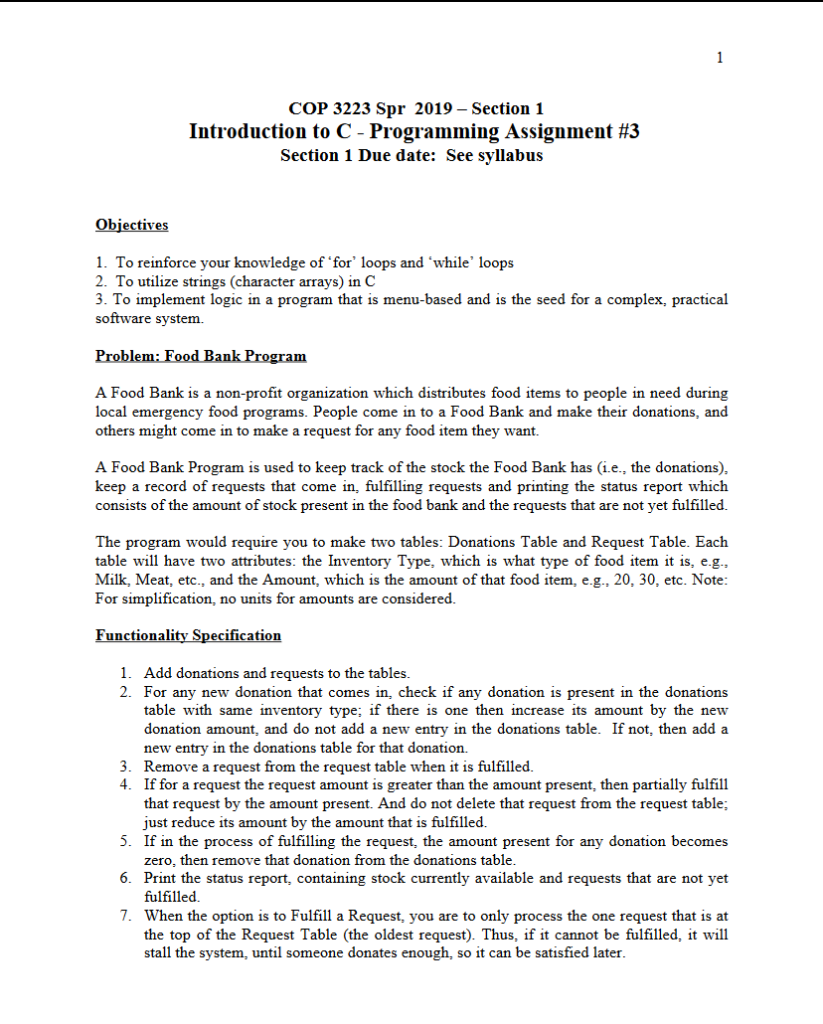 Solved COP 3223 Spr 2019 - Section 1 Introduction to | Chegg.com