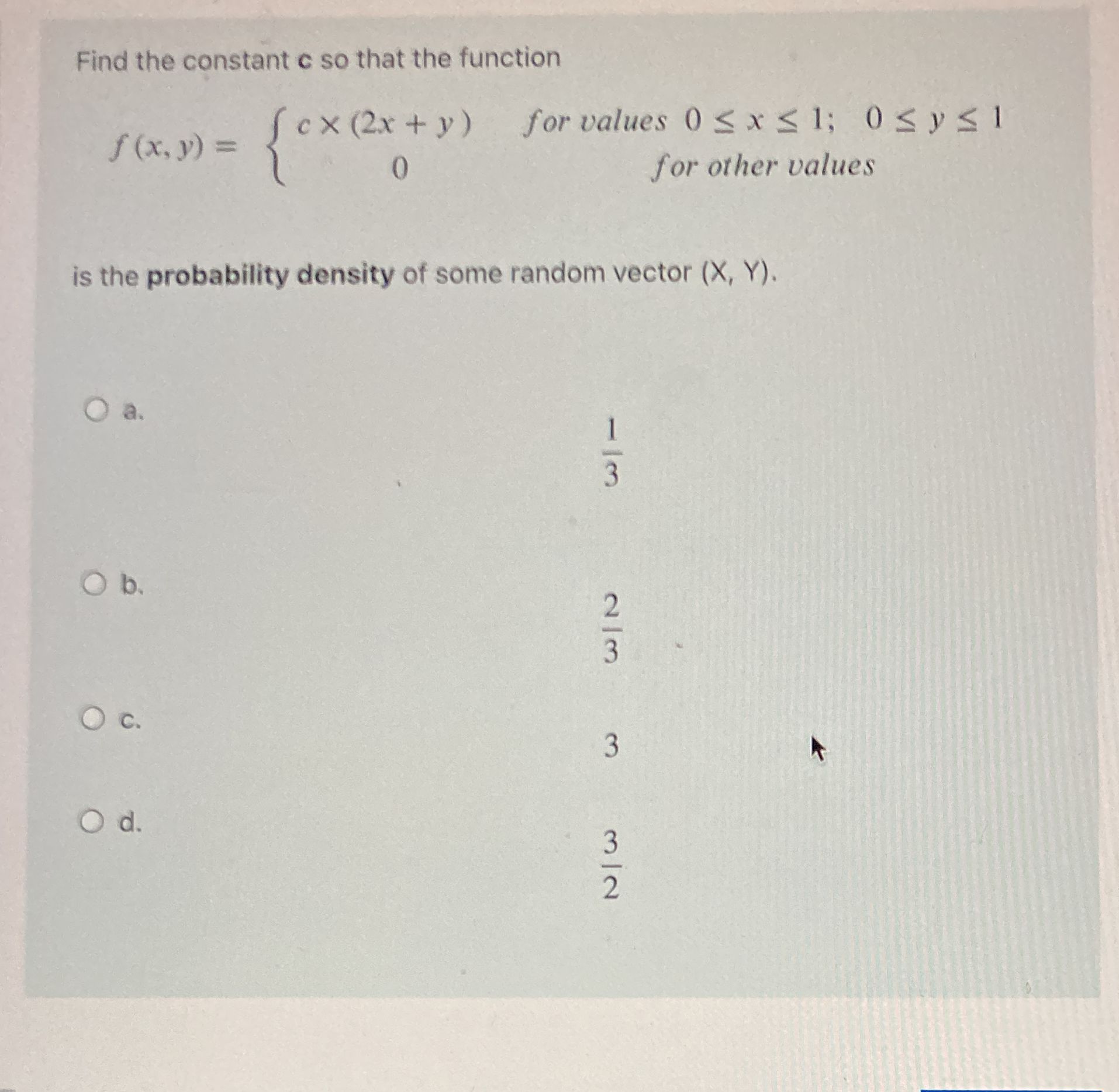 Solved Find the constant c so that the function | Chegg.com