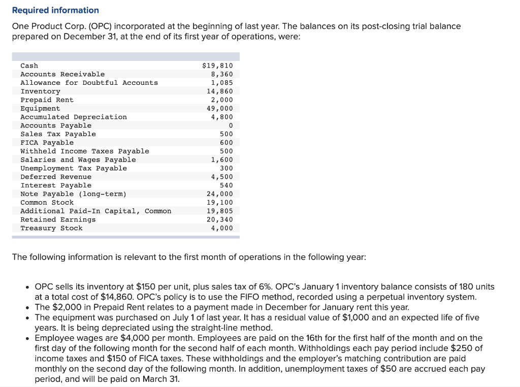 Solved Required information One Product Corp. (OPC) | Chegg.com