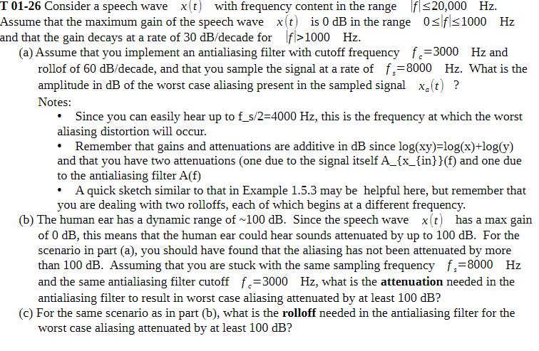Solved T 01-26 Consider a speech wave x(t) with frequency | Chegg.com