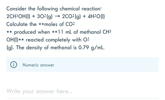 Solved Consider the following chemical reaction: 2CH3OH(U) + | Chegg.com