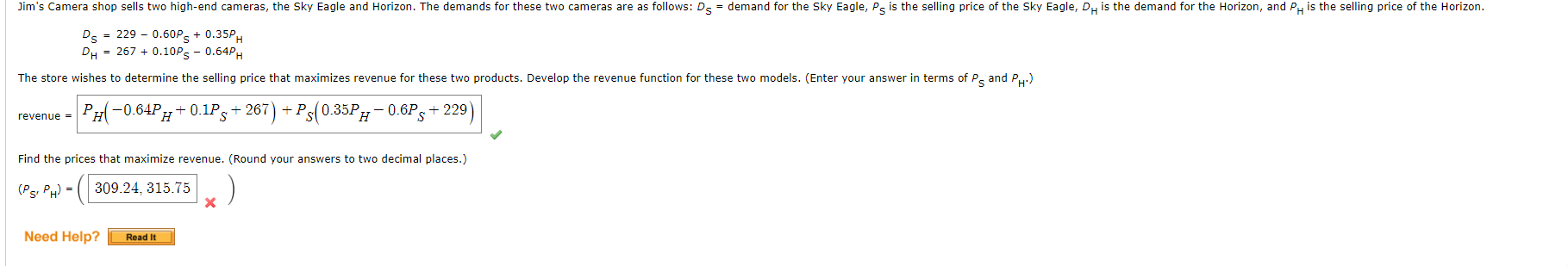 Solved DS=229−0.60PS+0.35PHDH=267+0.10PS−0.64PH The store | Chegg.com