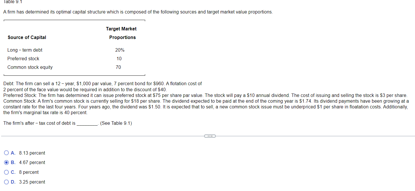 Solved lable 9.1A firm has determined its optimal capital | Chegg.com