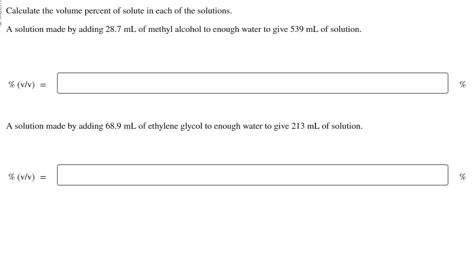 Solved Calculate the volume percent of solute in each of the | Chegg.com