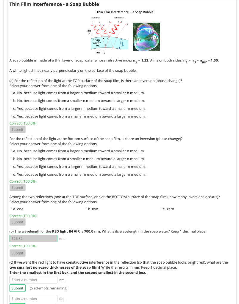 Solved Thin Film Interference - a Soap Bubble Thin Film | Chegg.com