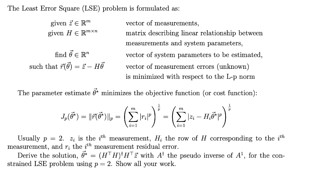 The Least Error Square (LSE) problem is formulated | Chegg.com