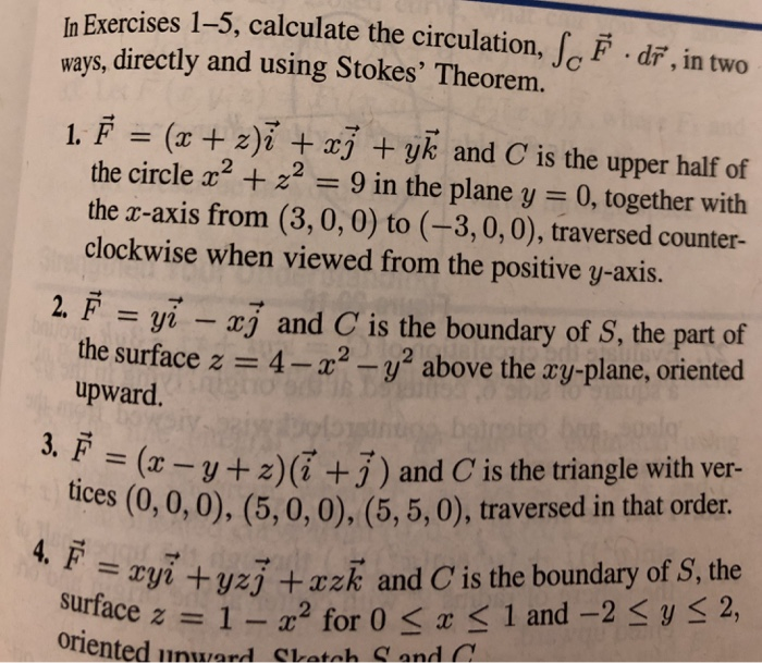 Solved ercises 1-5, calculate the circulation, Jc F。dF, in | Chegg.com