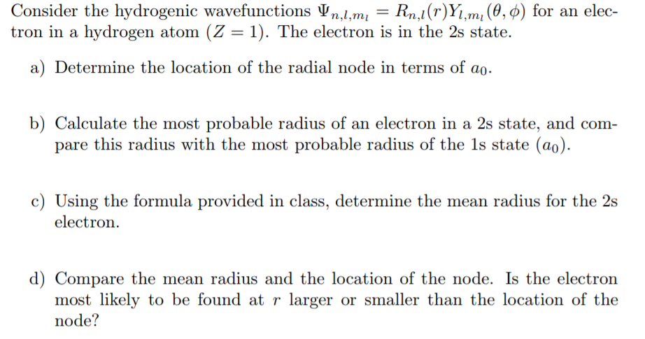 Solved Consider the hydrogenic wavefunctions | Chegg.com