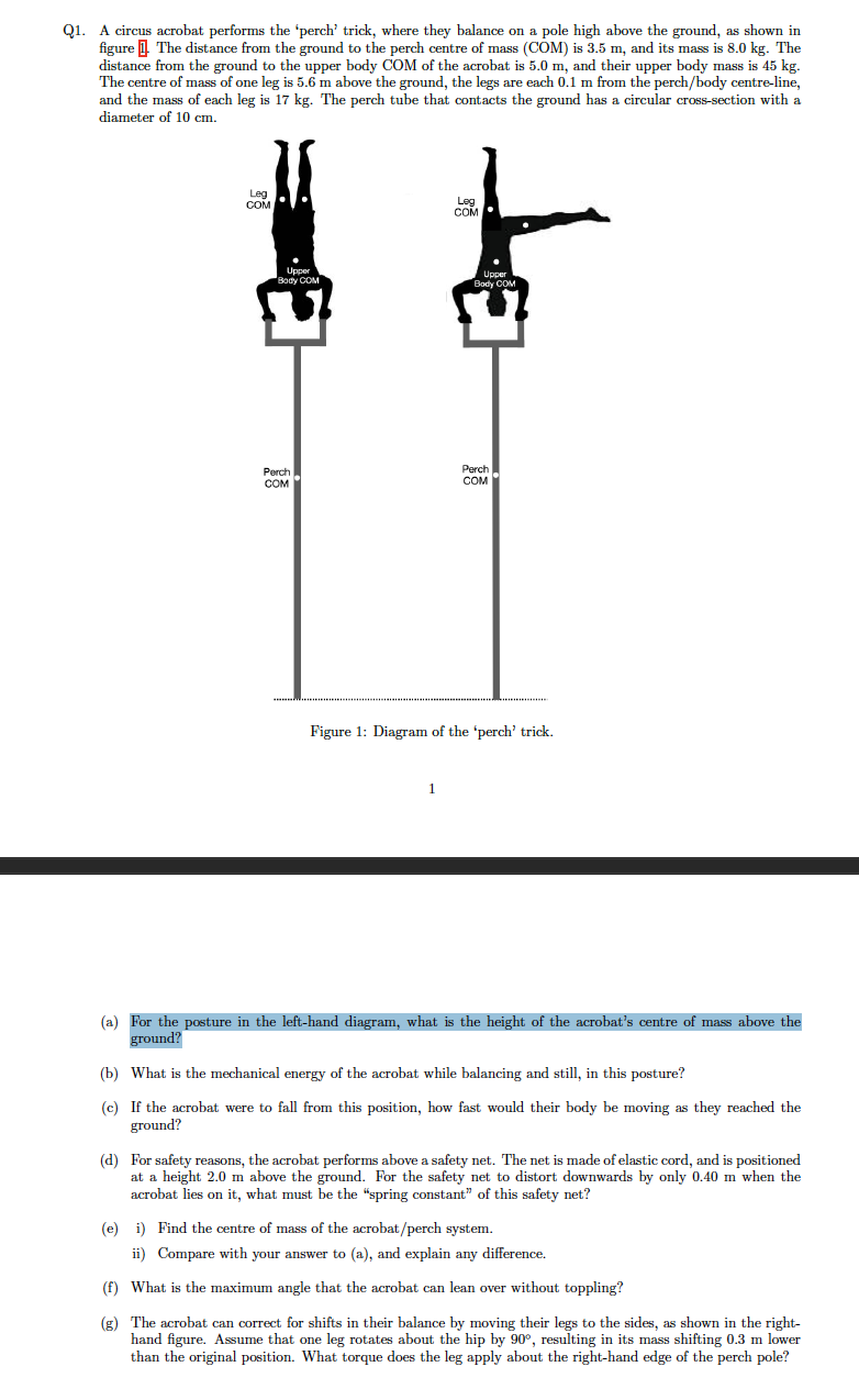 Solved Q1. A circus acrobat performs the 'perch' trick, | Chegg.com
