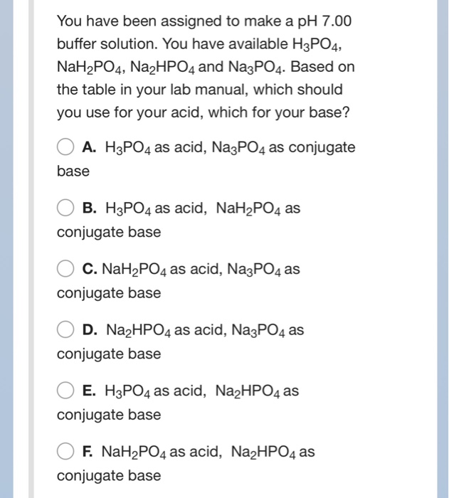 Solved You have been assigned to make a pH 7.00 buffer | Chegg.com