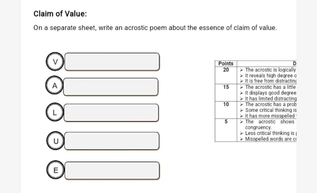 Solved Claim of Value: On a separate sheet, write an | Chegg.com
