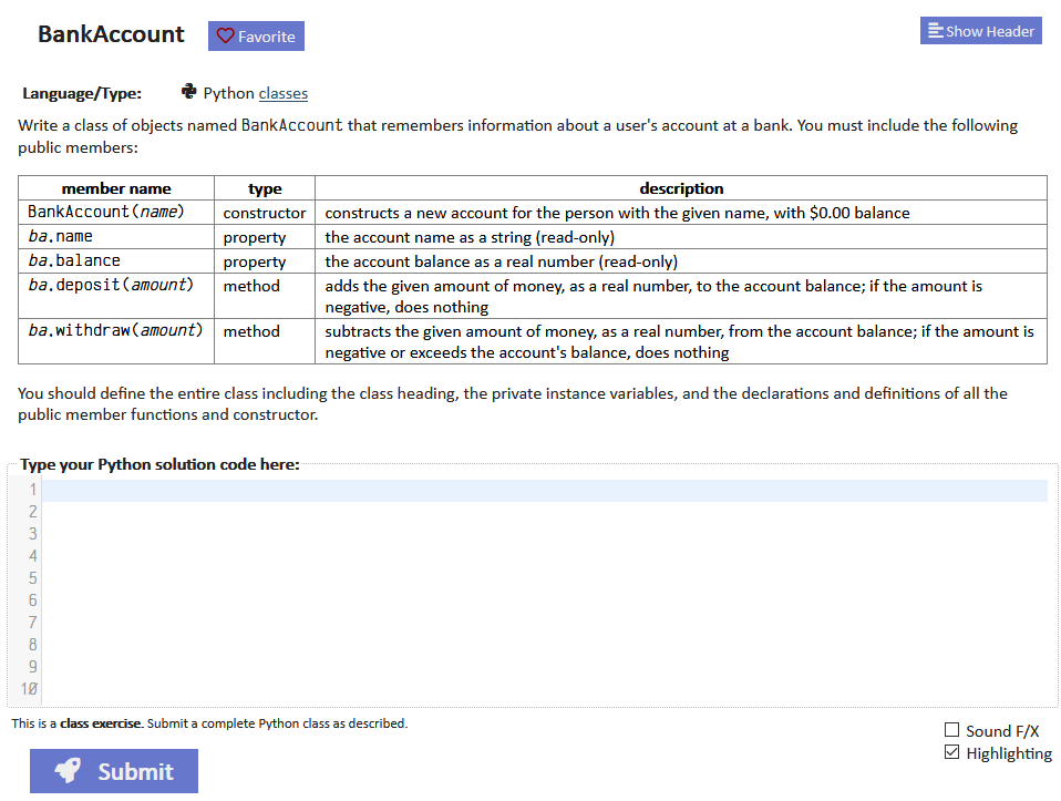 Solved Show Header Bankaccount Favorite Python Classes 7768