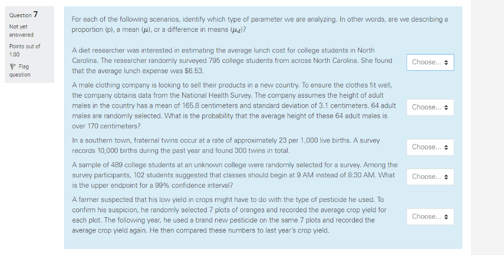 Solved choose from the following proportion (p), a mean | Chegg.com