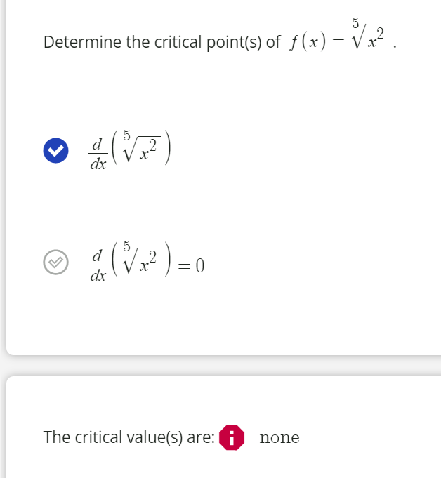 Solved Determine the critical point(s) of f(x)=5x2 dxd(5x2) | Chegg.com