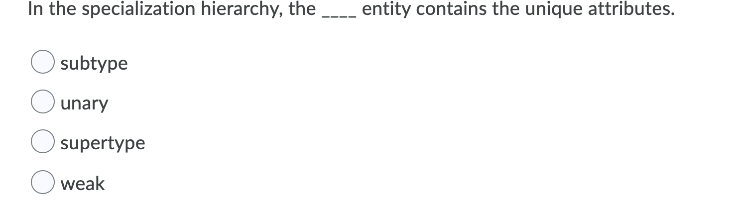 Solved In the specialization hierarchy, the ___ entity | Chegg.com