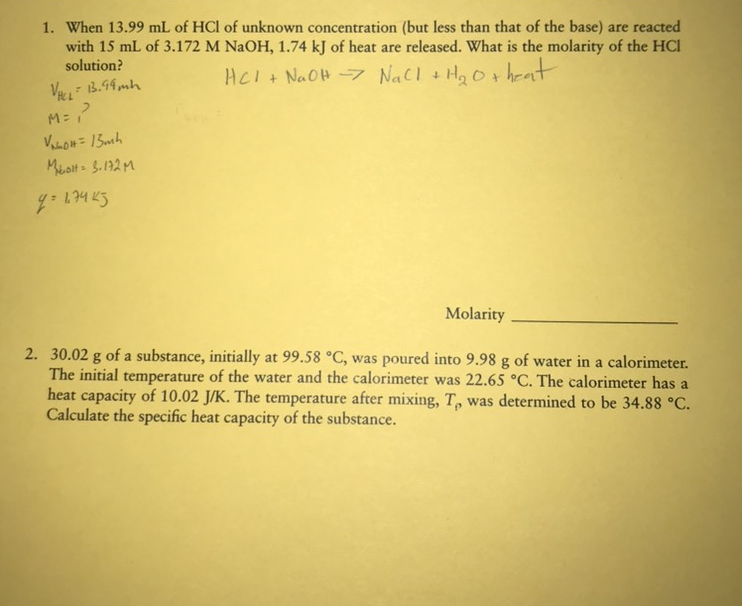 Solved 1. When 13.99 mL of HCl of unknown concentration (but | Chegg.com
