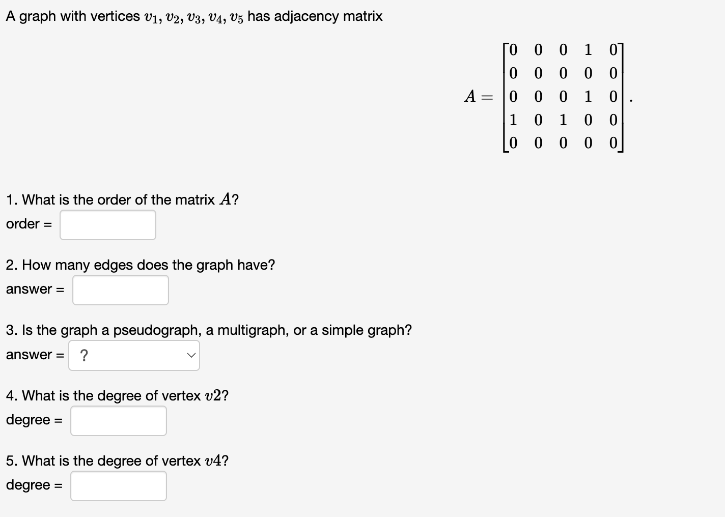 Solved A graph with vertices v1,v2,v3,v4,v5 has adjacency | Chegg.com