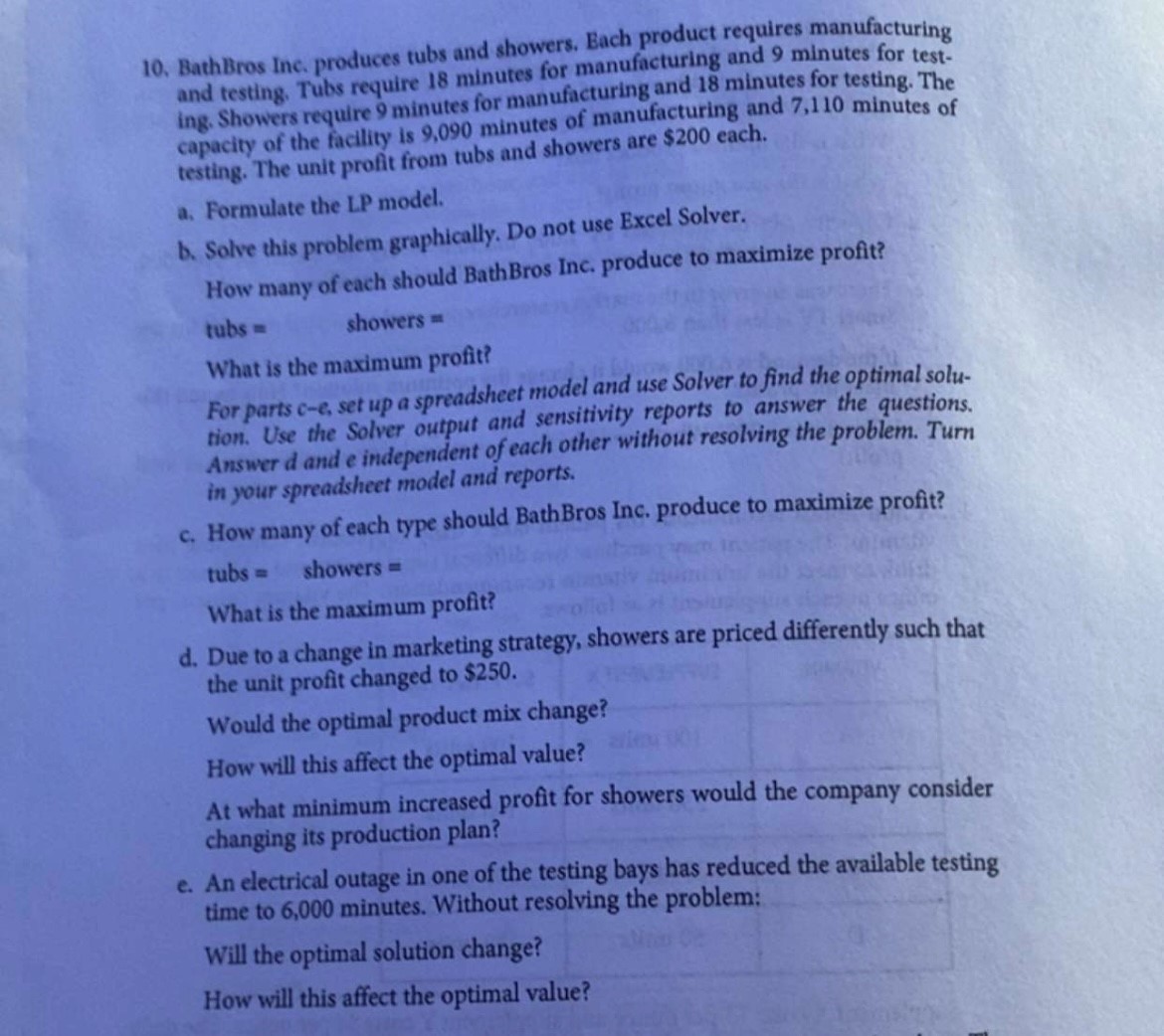 Solved 10. BathBros Inc. produces tubs and showers. Each | Chegg.com