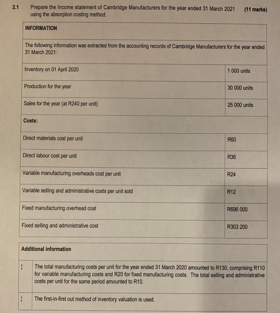 Solved 2.1 Prepare the income statement of Cambridge | Chegg.com