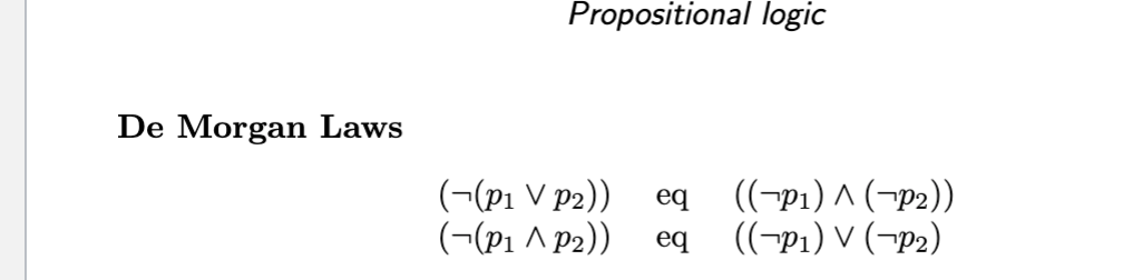 Solved Propositional logic De Morgan Laws eq ((P1 V p2)) | Chegg.com