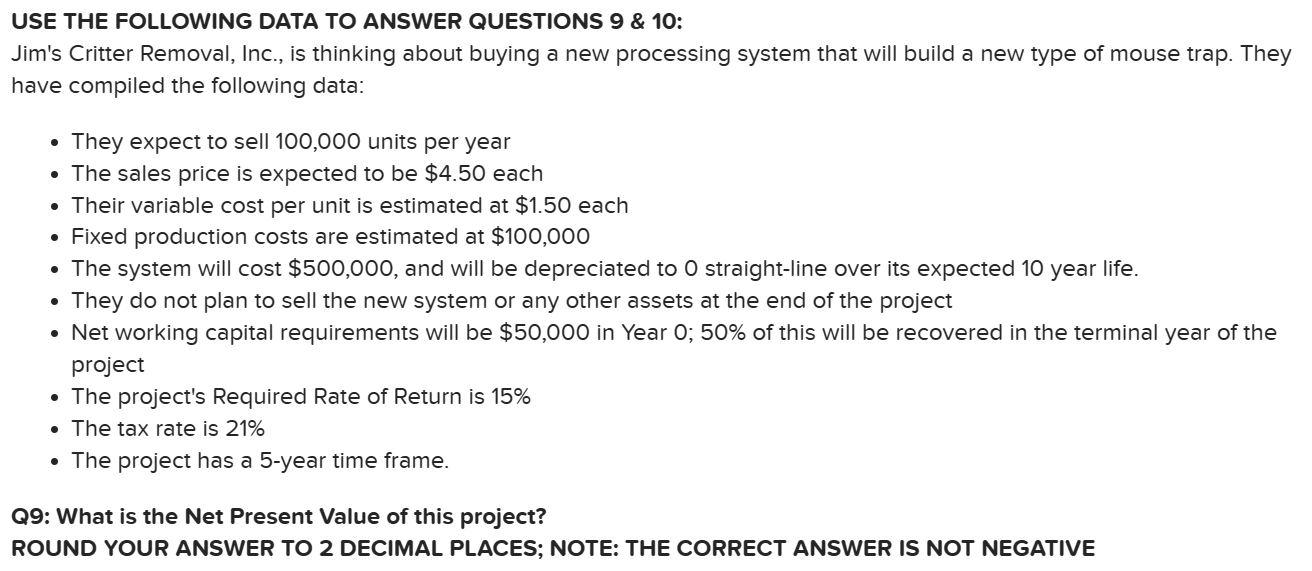 Solved USE THE FOLLOWING DATA TO ANSWER QUESTIONS 9 ﻿& | Chegg.com