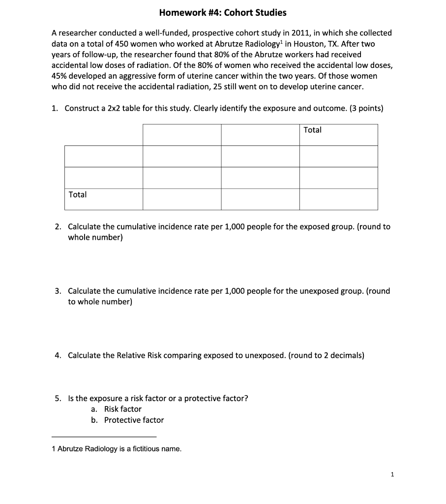 Homework #4: Cohort Studies A researcher conducted a | Chegg.com