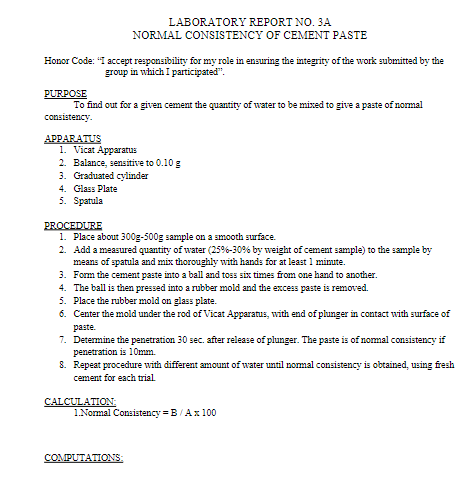 Solved LABORATORY REPORT NO. 3A NORMAL CONSISTENCY OF CEMENT | Chegg.com