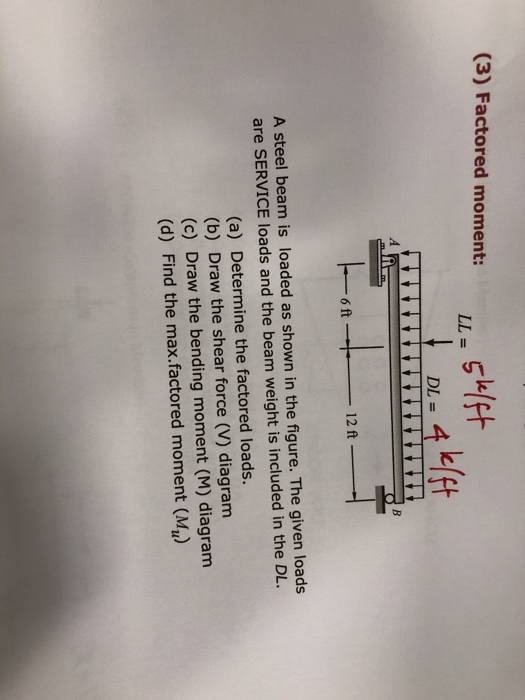 Solved (3) Factored moment: LL=5 4H 4IR DL = 12ft A steel | Chegg.com