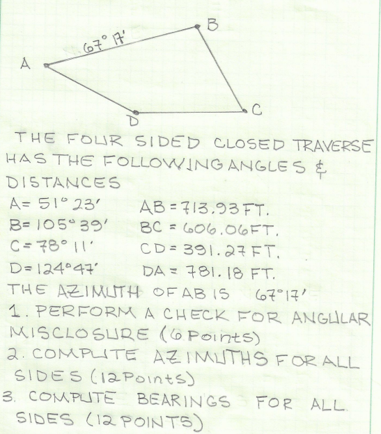 Solved THE FOUR SIDED CLOSED TRAVERSE HAS THE FOLLOWING | Chegg.com