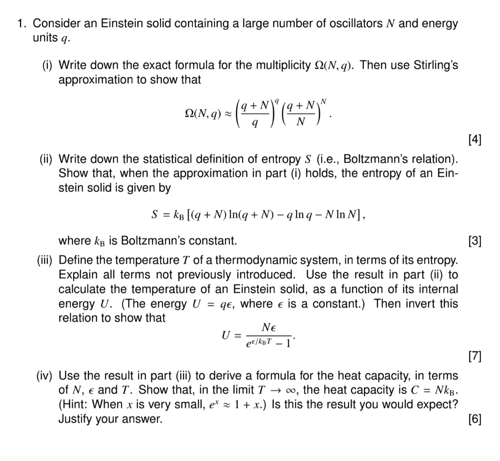 Solved 1. Consider an Einstein solid containing a large | Chegg.com