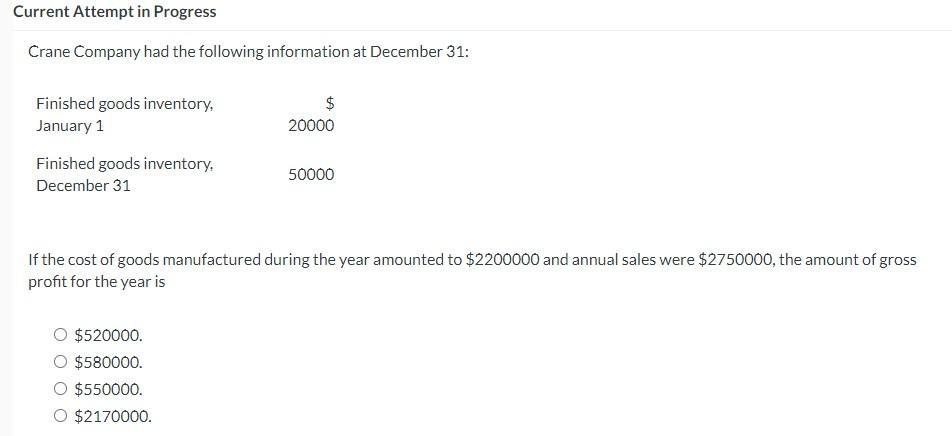 Solved Current Attempt in Progress Crane Company had the | Chegg.com